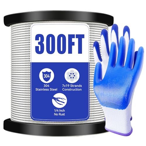 1/4インチ ステンレススチールケーブル 7x19ストランド航空機ワイヤーロープ 高耐久アプリケーション用ケーブル ジップアイヌとアウトドアプーリーケーブル デッキ手すり グローブ付き 破断強度6400ポンド 300フィート