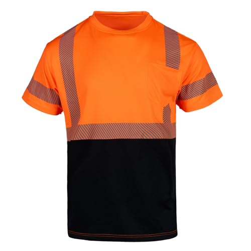FONIRRA Hi Vis Safety Tシャツ 男性用 クラス2 ANSI反射 高視認性 半袖 ワークシャツ ブラックボトム(オレンジ、L)