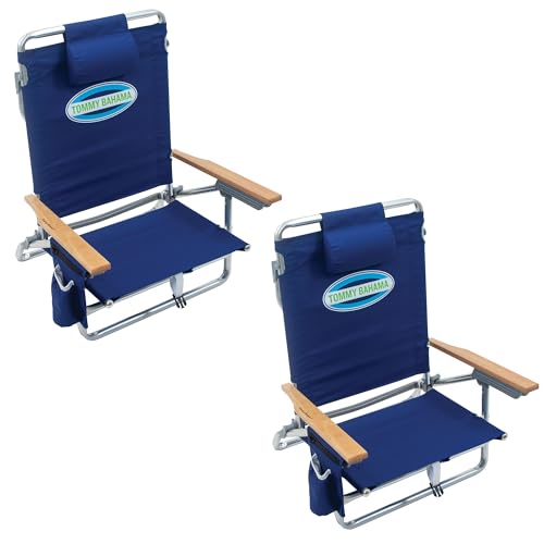  Bahama 2パック 5ポジション クラシック レイフラットバックパック ビーチチェア クーラーとカップホルダー付き ポータブル折りたたみビーチチェア 日焼け用 ネイビー