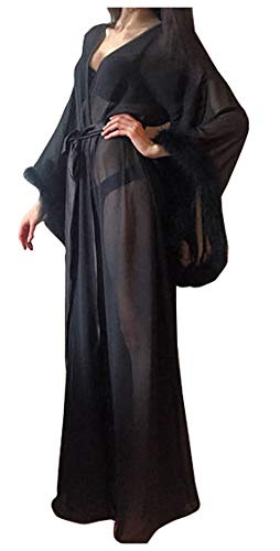 レディース セクシー 羽 襟 透ける ロング ランジェリー ローブ ナイトガウン バスローブ パジャマ 寝間着 US サイズ: Small カラー: ブラック