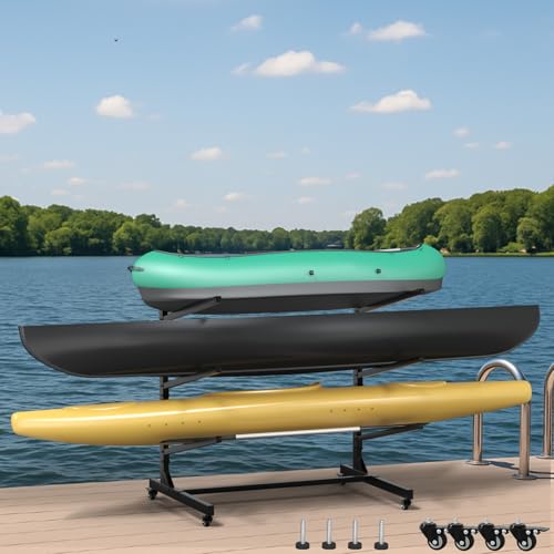 CMFYDAILY 高耐久 3層カヤックラック 自立式カヤック収納ラック 交換可能な車輪と足付き 調節可能なカヤックスタンド 屋外と屋内用 プレミアムカヌーとカヤックホルダー