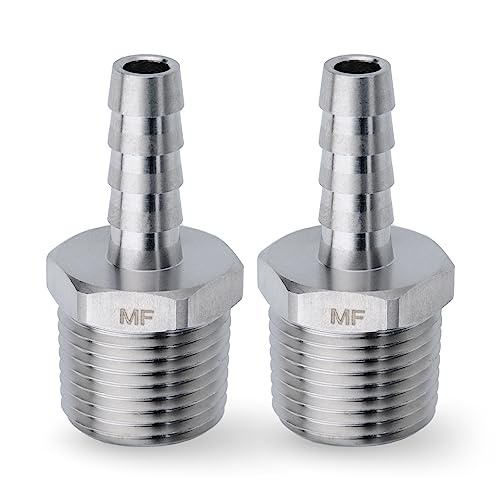 MAACFLOW - ステンレススチールホース継手、1/4インチホースIDバーブ x 3/8インチオスNPTアダプター(2個パック)