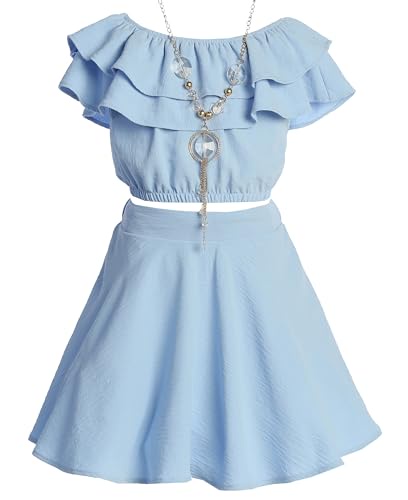 コールドショルダー クロップトップ フリル レイヤードトップ フラワーガール スカートセット ガールズ用 US サイズ: 8 カラー: ブルー