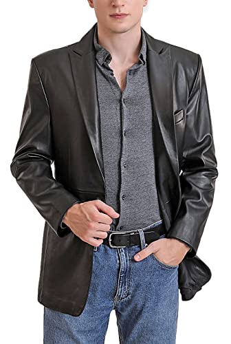 [BGSD] メンズ 1つボタン ラムスキン レザー ブレザー ブラック LT (インポート)