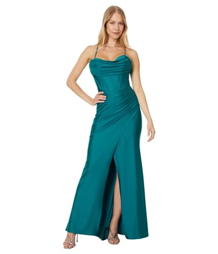 Betsy & Adam レディース ロング サテン コルセット レース バック フォーマルドレス, ティール, 10