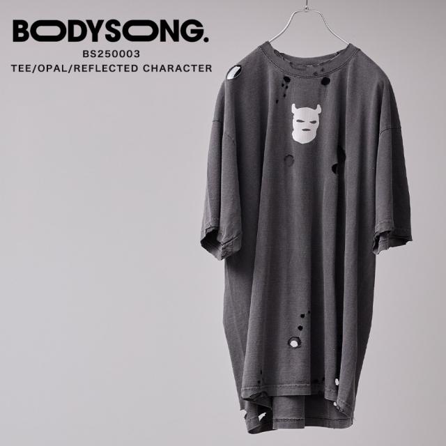TEE/OPAL/REFLECTED CHARACTER BS239005 ブランド BODYSONG. ボディソング tシャツ レディース メンズ 半袖 ゆったり おしゃれ 綿100% 丈長め 可愛い ダメージ加工 カジュアル キャラクター柄 リフレクター プリント トップス ブラック 黒 国産 日本製 2025 冬 春 春夏