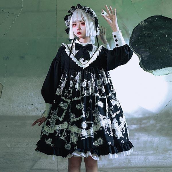 ワンピース レディース ロリータ ゴスロリ ガーリー Aライン 長袖 かわいい フリル リボン 仮装 ゆめかわ 髪飾り追加可 イベント