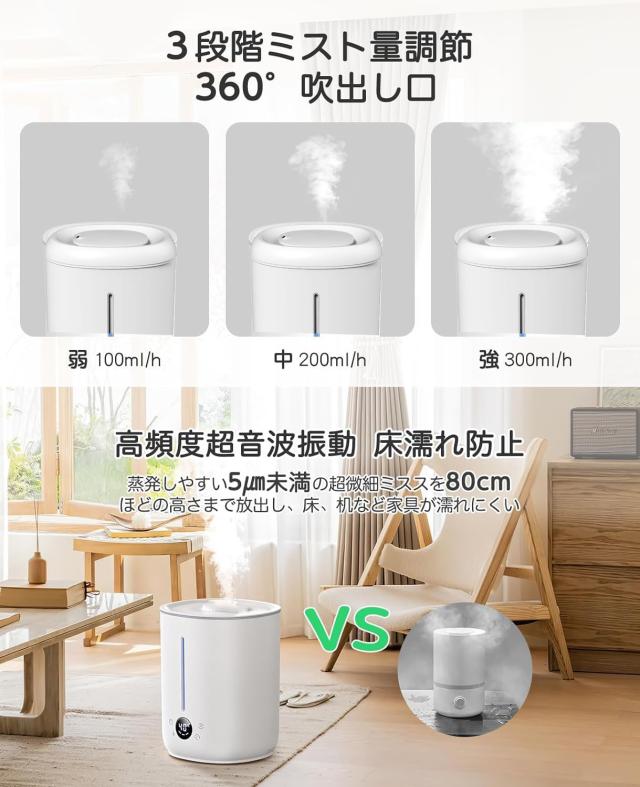 加湿器 ３重除菌・自動湿度調整 大容量 2.8L 卓上 小型 アロマ対応 湿度計機能 超音波式 18畳まで  3段階ミスト量 次亜塩素酸水対応 乾燥対策 上から給水 空焚き防止 切タイマー  PSE認証済