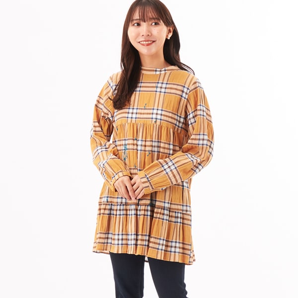 スーパーハッカ（SUPER HAKKA）/パナマシャーリングチェック　ナルコランドット単色刺繍ティアードチュニック