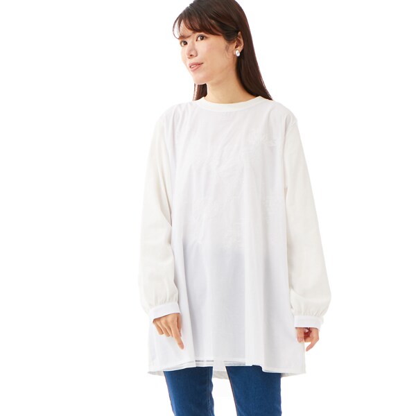 スーパーハッカ（SUPER HAKKA）/チュール+30/40ソフト天竺×60ローンフラワーギフト刺繍チュニックカットソー