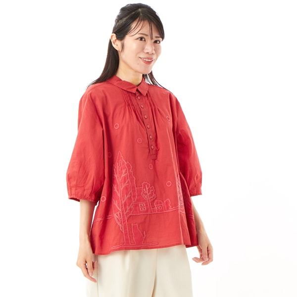 スーパーハッカ（SUPER HAKKA）/コットンスラブローン夜空の風景アップリケブラウス