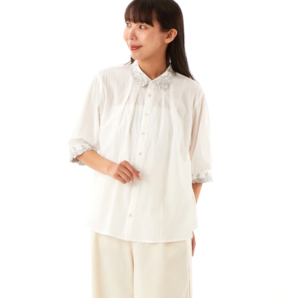 スーパーハッカ（SUPER HAKKA）/コットンローンワッシャーフラワーヘミング刺繍シャツブラウス