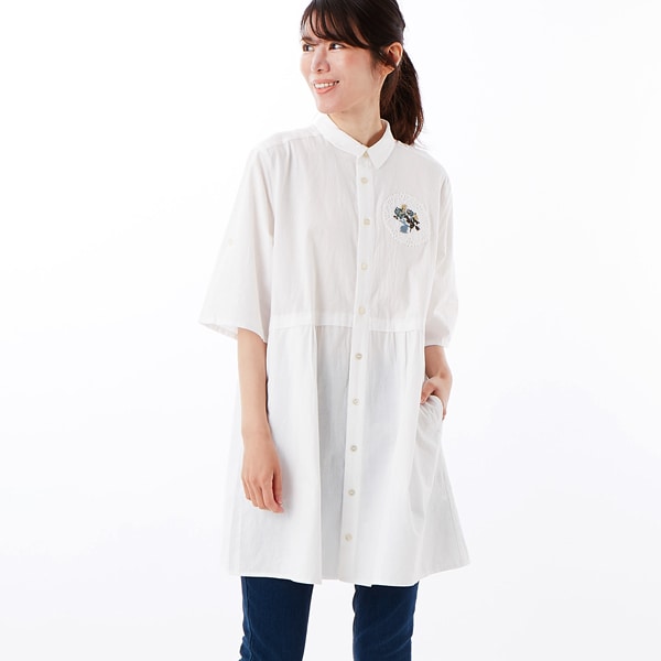 スーパーハッカ（SUPER HAKKA）/コットンローンワッシャー レースコースタークロスステッチ刺繍チュニックシャツブラウス