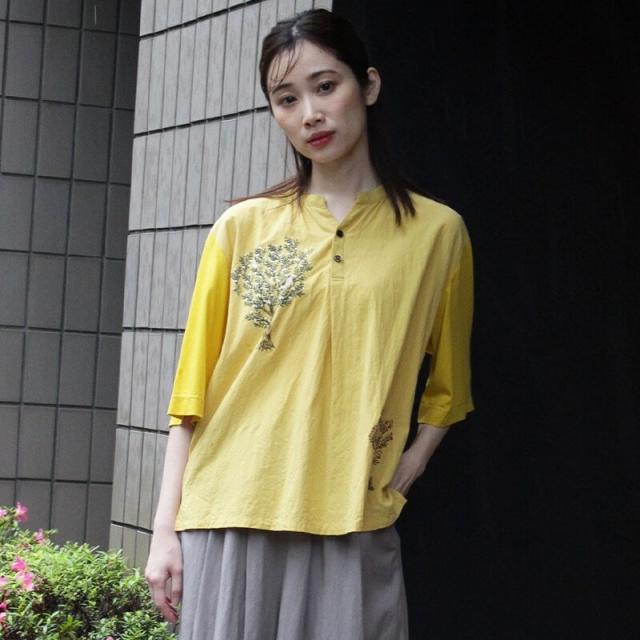 スーパーハッカ（SUPER HAKKA）/コットンローン＋シルケット天竺バードツリー刺繍ブラウス