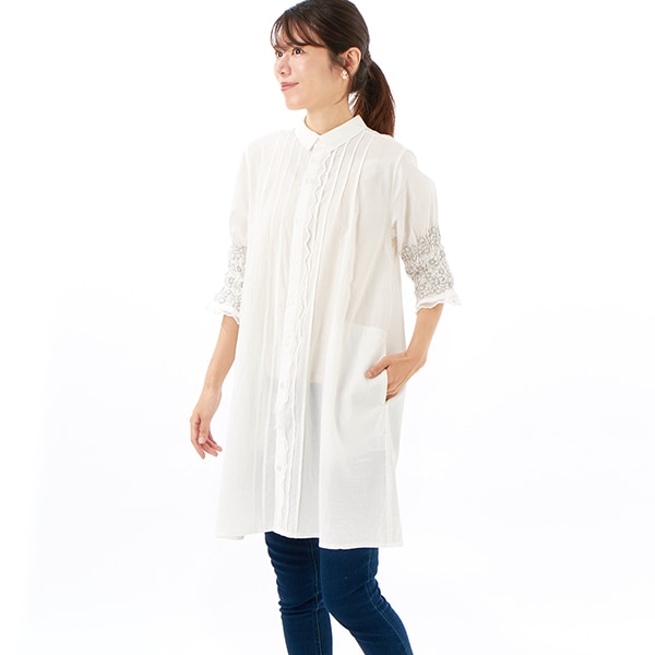 スーパーハッカ（SUPER HAKKA）/コットンローンワッシャー シャーリングフローラルライン刺繍チュニックブラウス