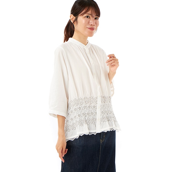 スーパーハッカ（SUPER HAKKA）/コットンローンワッシャー シャーリングフローラルライン刺繍ブラウス