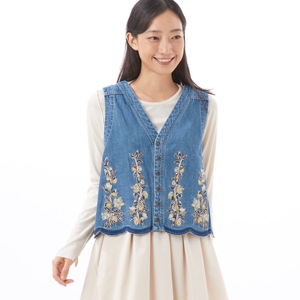 スーパーハッカ（SUPER HAKKA）/ライトオンスデニム スカラップブロッサムヴァイン刺繍デニムベスト