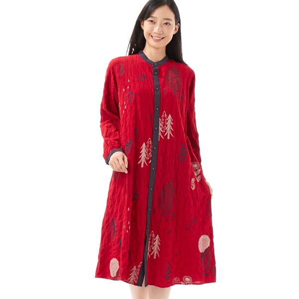 スーパーハッカ（SUPER HAKKA）/SUPER HAKKA×保坂優子 コットンシャーリング「森と暮らす」刺繍シャツワンピース(前開き)