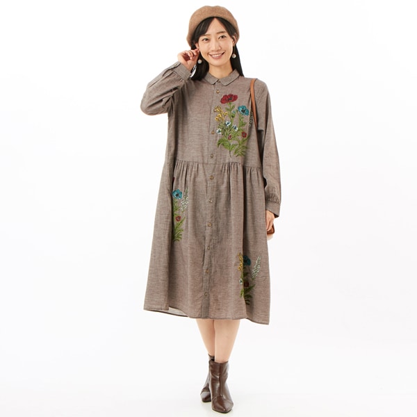 スーパーハッカ（SUPER HAKKA）/コットンビエラ先染めシャンブレービッグポピーブーケ刺繍シャツワンピース（前開き）