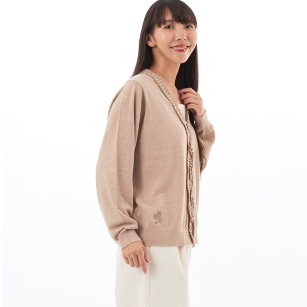 スーパーハッカ（SUPER HAKKA）/フラワーワンポイント刺繍コットンアクリルフリルタックニットカーディガン