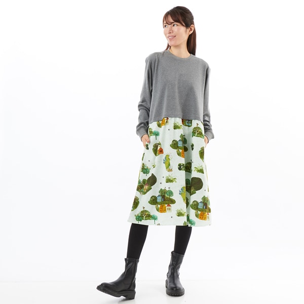 スーパーハッカ（SUPER HAKKA）/SUPER HAKKA×サクマ ユウコ 「ある日の森の街」/「この葉の青い鳥」プリントワンピース