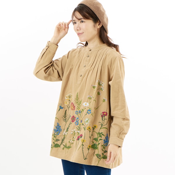 スーパーハッカ（SUPER HAKKA）/ソフトコーデュロイスタンディングフラワー刺繍チュニックブラウス
