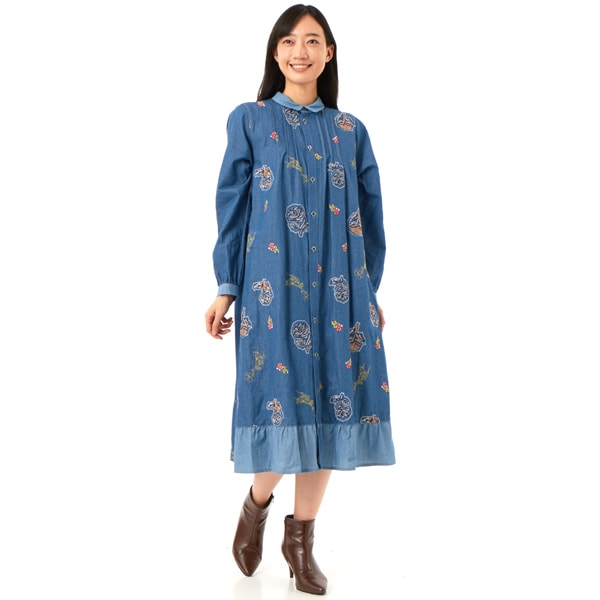 【NEW】スーパーハッカ（SUPER HAKKA）/ライトオンスデニム ローズスケッチ刺繍ワンピース(前開き)