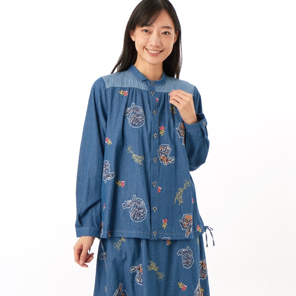 【NEW】スーパーハッカ（SUPER HAKKA）/ライトオンスデニム ローズスケッチ刺繍スタンドカラーブラウス