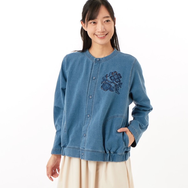 【NEW】スーパーハッカ（SUPER HAKKA）/コットンストレッチインレイデニム フラワーボーラー刺繍ノーカラーブルゾン