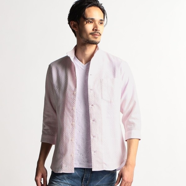 ニコルクラブフォーメン/シアードビーチェック７分袖イタリアンカラーシャツ