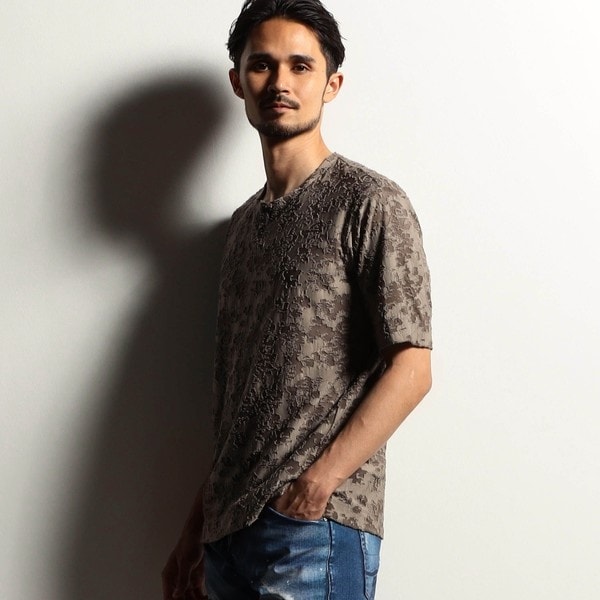 ニコルクラブフォーメン（NICOLE CLUB FOR MEN）/【RIELABO】ブロークンシアージャカード ヘンリーネックカットソー