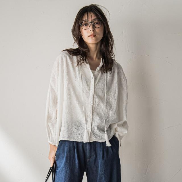 メイソングレイ（MAYSON GREY）/ペイズリー柄総刺繍綿ボイルギャザーブラウス≪手洗い可能≫