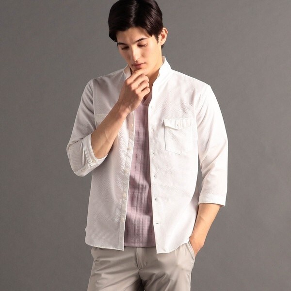 ムッシュニコル/ギンガムサッカー スタンドカラー7分袖シャツ