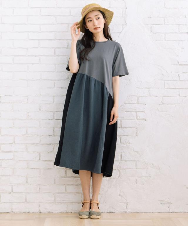 サブストリート（sab street）/15号(3L) 異素材コンビカラーブロックワンピース