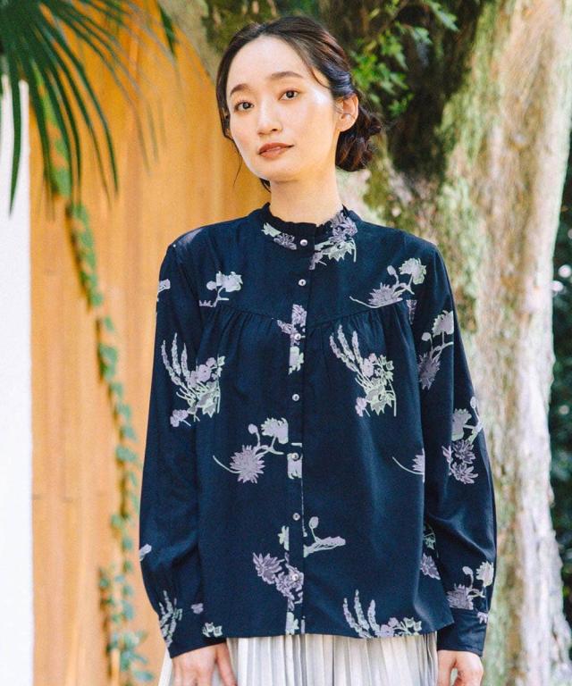 サブストリート（sab street）/【大きいサイズ】INDESIGN フラワープリントフリルカラーブラウス