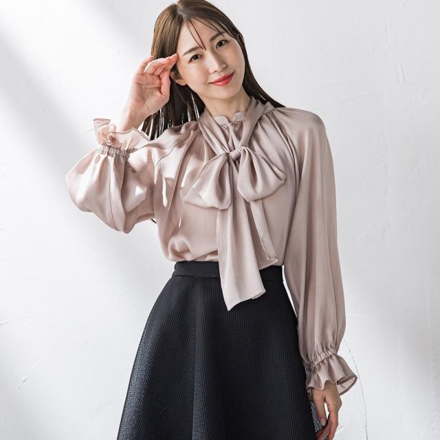 ビアッジョブルー（Viaggio blu）/サテン楊柳ボウタイブラウス≪洗濯機で洗える≫