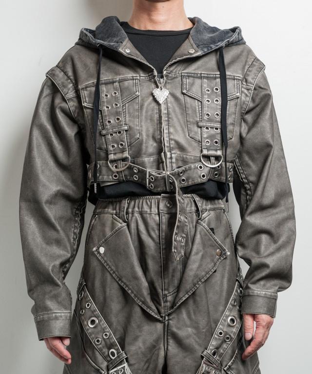 バックステージパス（backstagepass）/RESISTANCE(レジスタンス)2WAY フード レザータッチ/デニム ショート丈ブルゾン【セッ