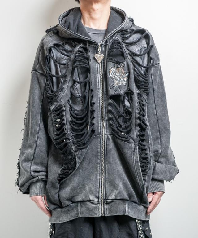 バックステージパス（backstagepass）/DESTROY HOODIE−VEIN(デストロイフーディー ヴェイン) スケルトンダメージ ジップ
