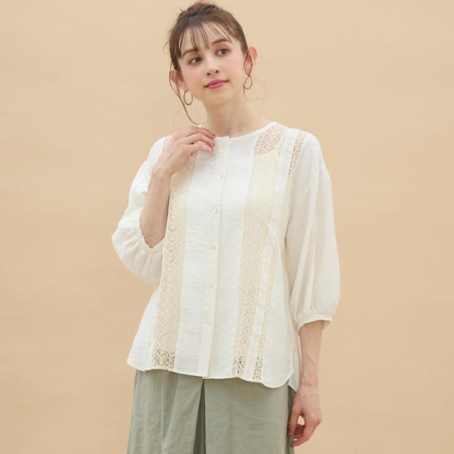 アル・ディ・ラ（AL DI LA）/【洗える】【麻混】7分袖レース切り替えシャツ