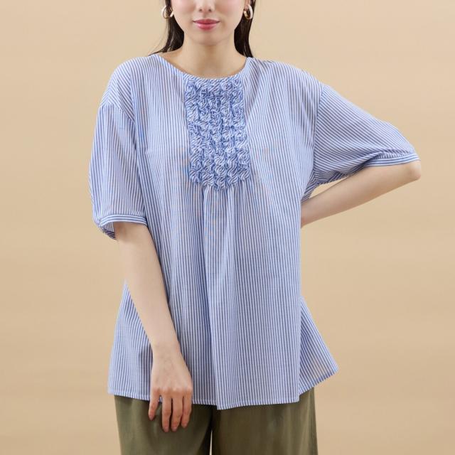 アル・ディ・ラ（AL DI LA）/【洗える】ストライプ柄フリルコットンブラウス