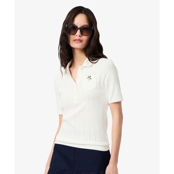 ラコステ（LACOSTE）/レース調 リボン付き ポインテルニット 半袖ポロシャツ