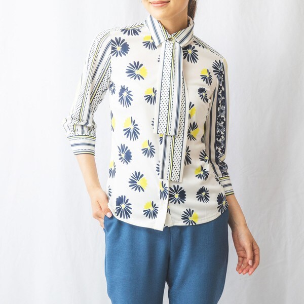 ナラカミーチェ/フラワープリントボウタイ付きカットソーブラウス