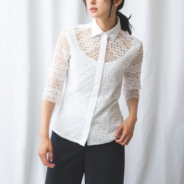 【NEW】ナラカミーチェ/幾何柄レース七分袖ブラウス