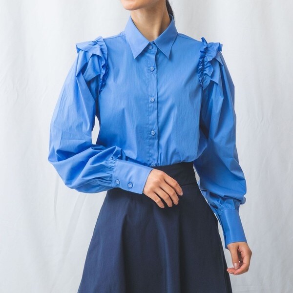 ナラカミーチェ（NARACAMICIE）/コットンストレッチショルダーフリルシャツ