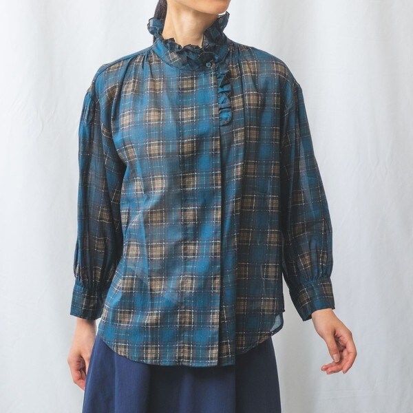 ナラカミーチェ（NARACAMICIE）/チェック柄コットンシフォンスタンドフリルカラーブラウス