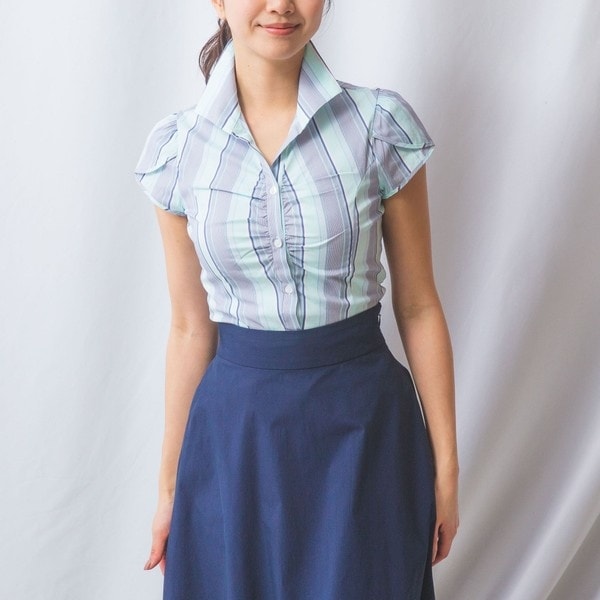 ナラカミーチェ（NARACAMICIE）/ランダムストライプスタンドフロントギャザー半袖シャツ