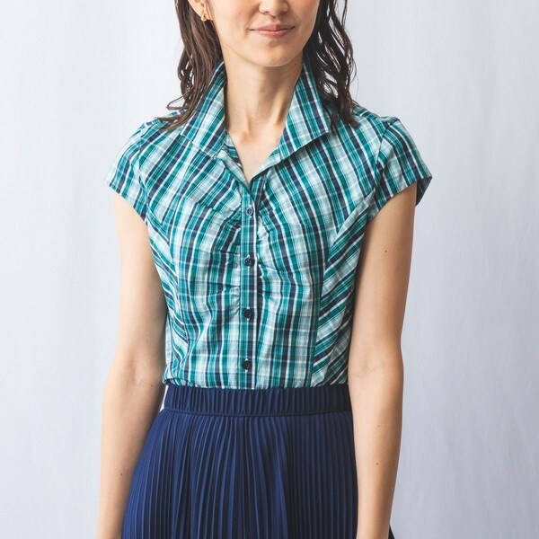 ナラカミーチェ（NARACAMICIE）/チェックスタンドフロントギャザー半袖シャツ