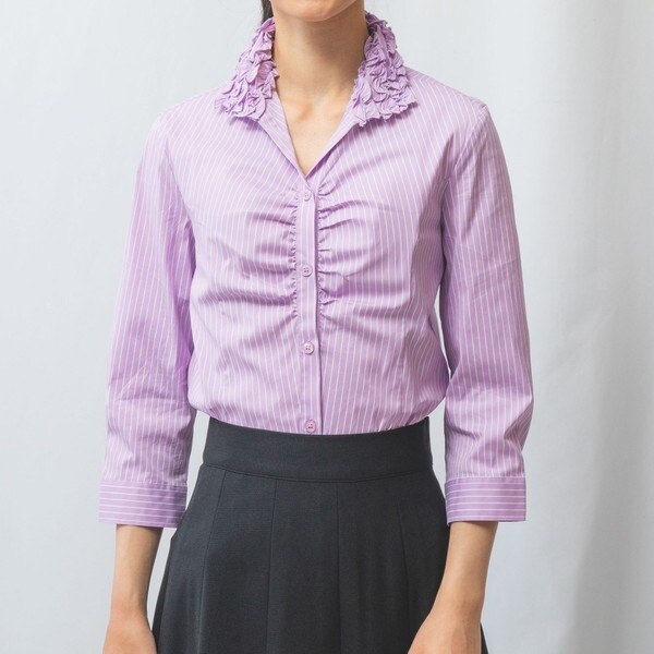 ナラカミーチェ（NARACAMICIE）/ペンシルストライプスタンドカラーフリルシャツ