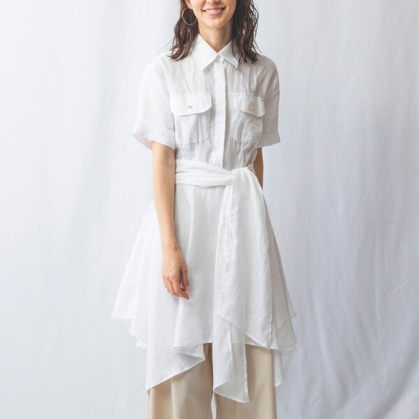 ナラカミーチェ（NARACAMICIE）/麻ウエストリボン半袖チュニックシャツ