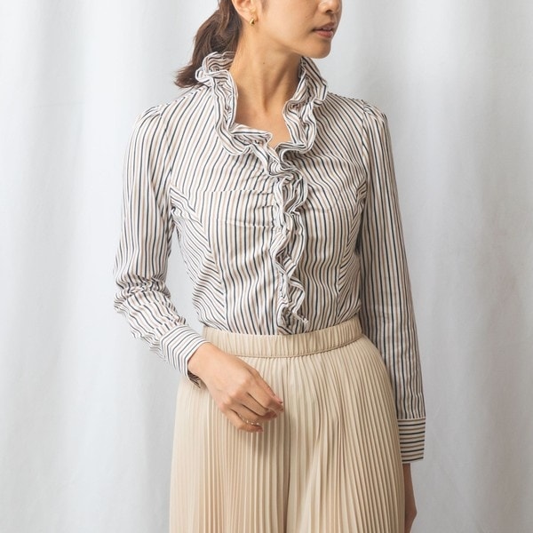ナラカミーチェ（NARACAMICIE）/【NARACAMICIE】ストレッチシャイニーストライプフリル衿シャツ